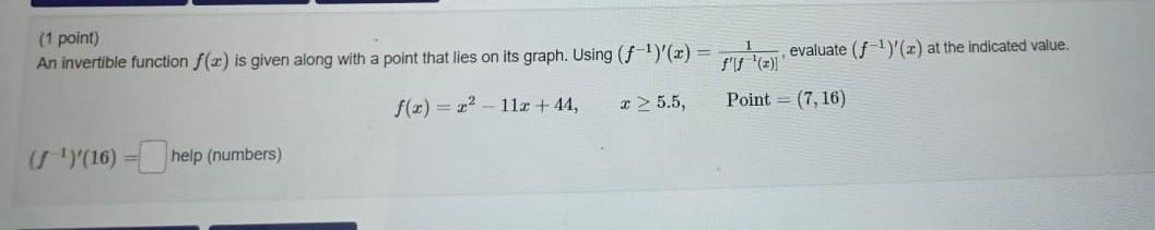 Solved (1 point) An invertible function f(x) is given along | Chegg.com