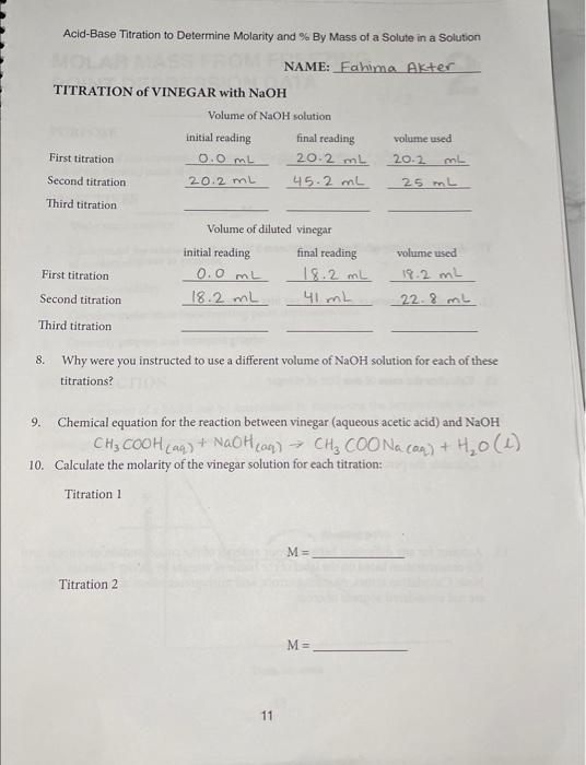 Acid-Base Titration to Determine Molarity and % By | Chegg.com