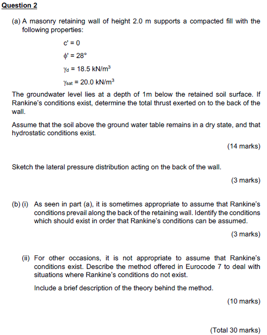 Solved Question 2(a) ﻿A masonry retaining wall of height | Chegg.com