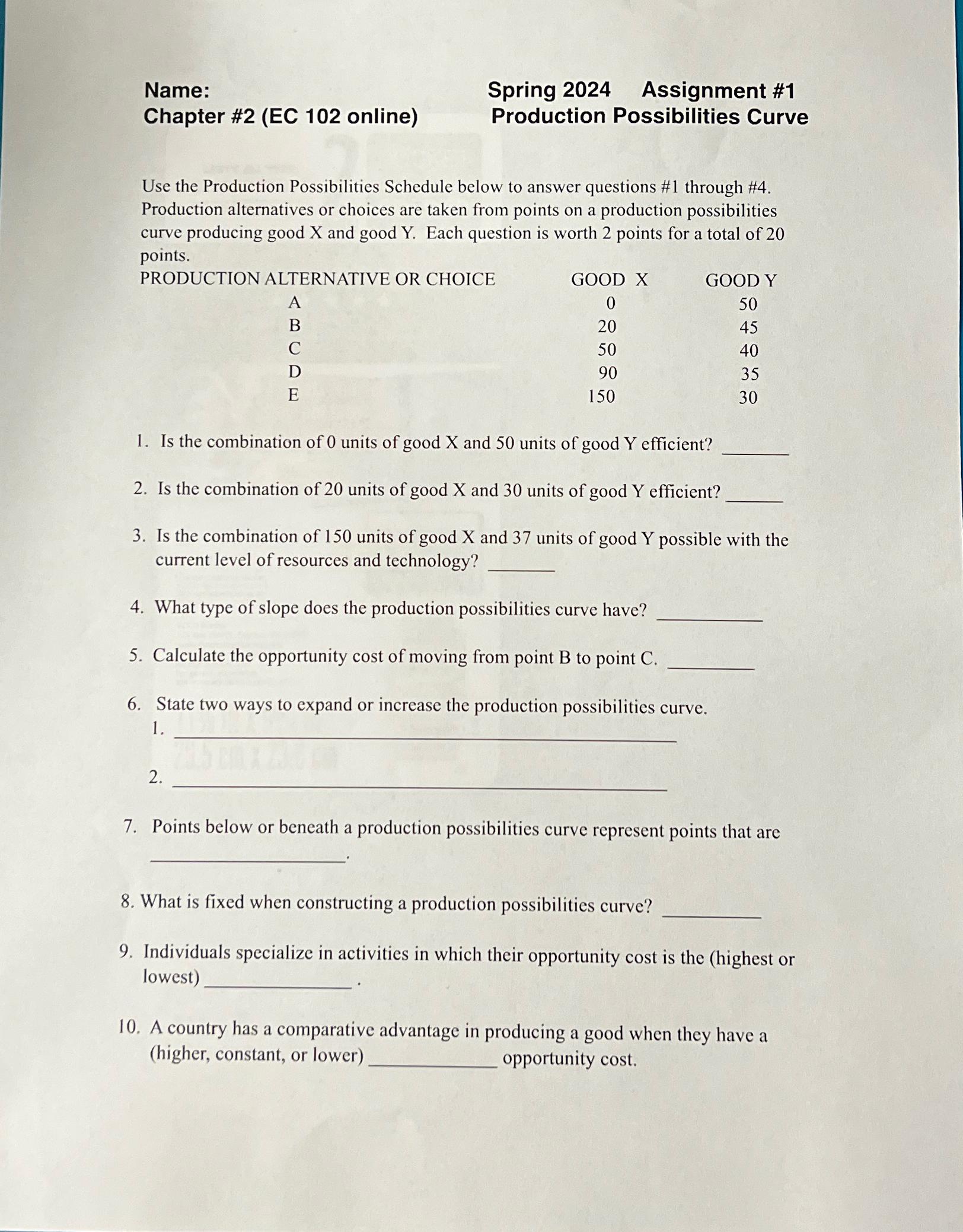 Solved Name:Chapter #2 (EC 102 ﻿online)Spring 2024 | Chegg.com