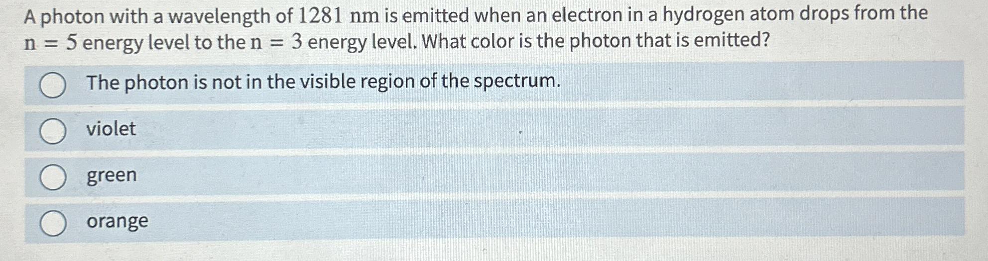 Solved A photon with a wavelength of 1281 ﻿nm is emitted | Chegg.com