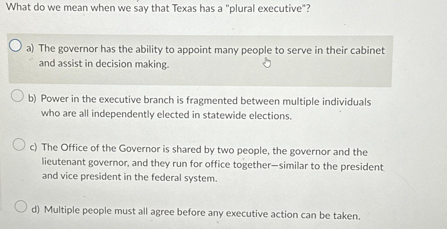 Solved What do we mean when we say that Texas has a "plural | Chegg.com