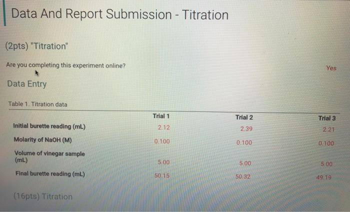 Solved Data And Report Submission - Titration (2pts) | Chegg.com