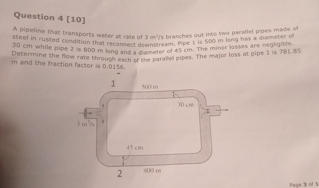Solved Question 4 [10]A pipeline that transports water at | Chegg.com