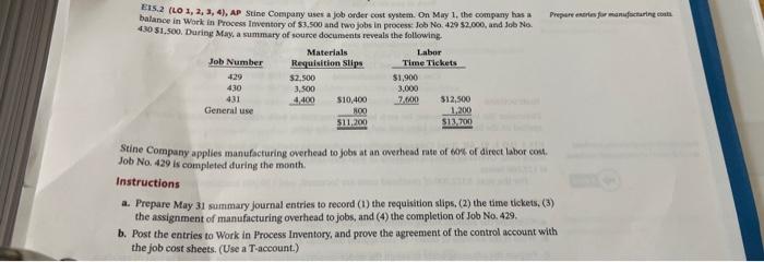 Solved E15.2 (LO 1, 2, 3, 4), AP Stine Company uses a job | Chegg.com