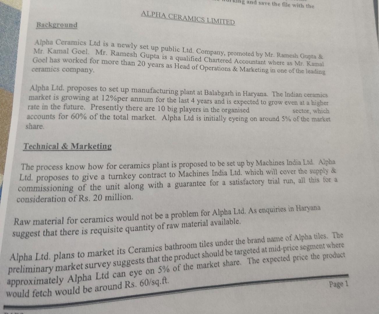 Background Alpha Ceramics Ltd is a newly set up | Chegg.com