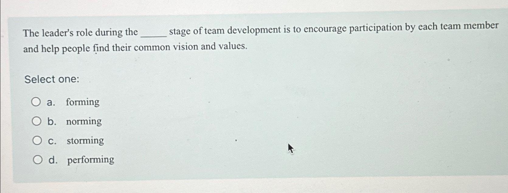 Solved The leader's role during the stage of team | Chegg.com