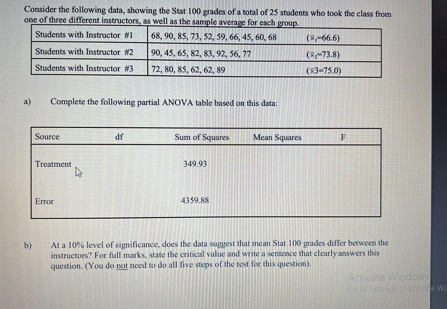 Solved Consider the following data, showing the Stat 100 | Chegg.com