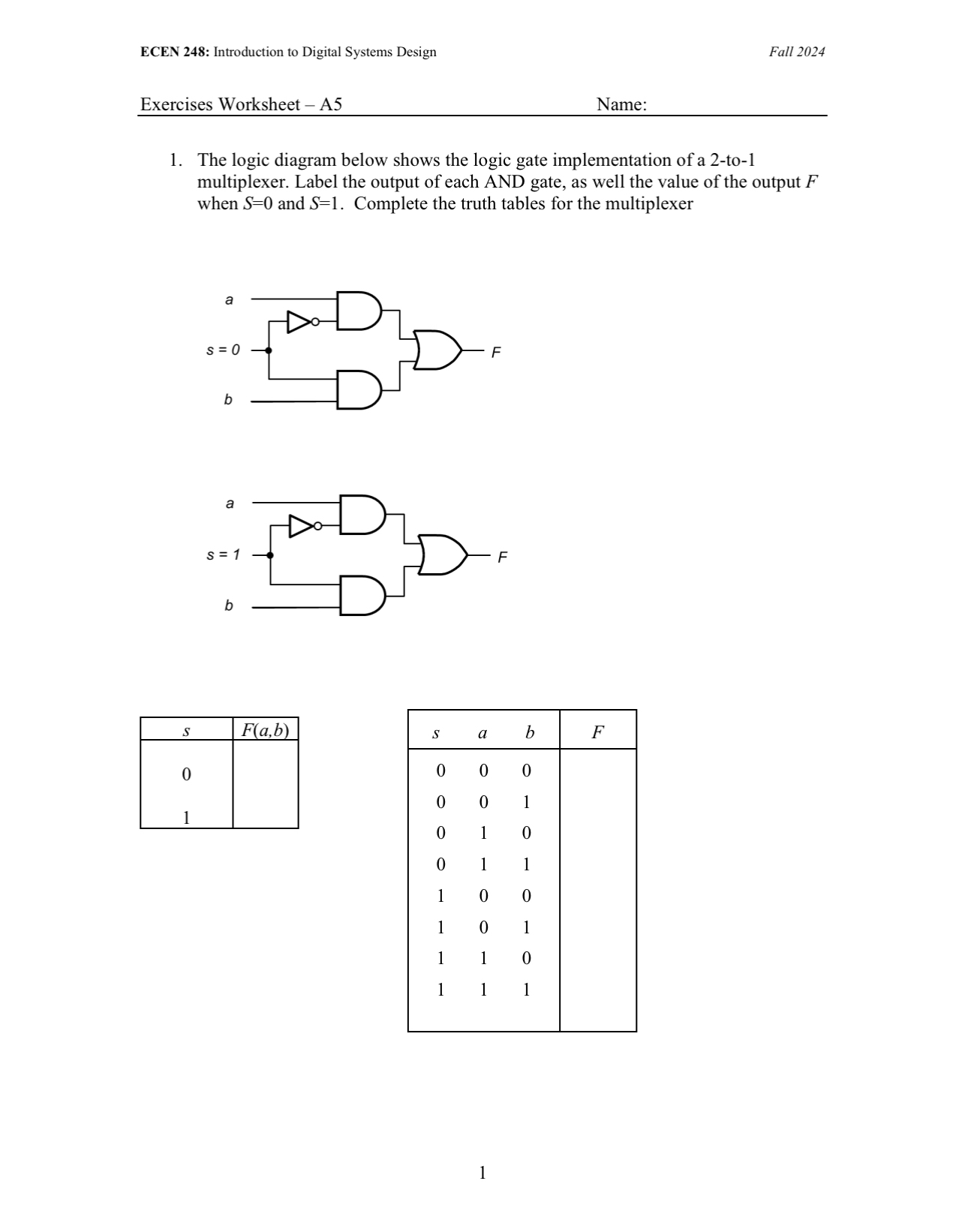 Solved Exercises Worksheet - ﻿A5Name:The logic diagram below | Chegg.com