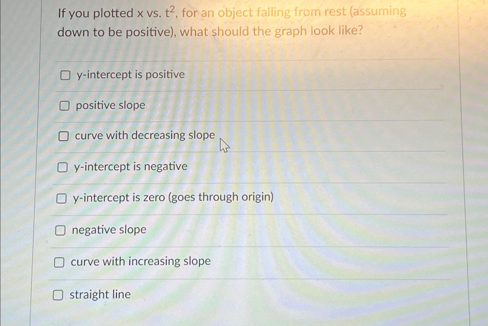 Solved If you plotted x ﻿vs. t2, ﻿for an object falling from | Chegg.com