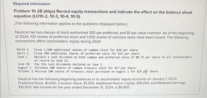 Solved Required information Problem 10-2B (Algo) Record | Chegg.com