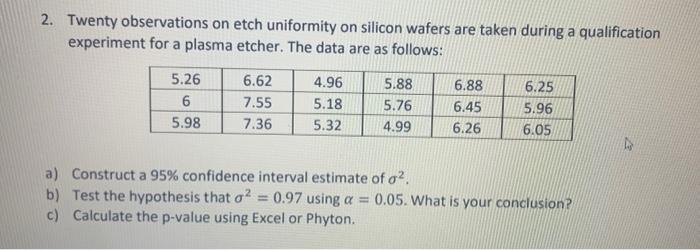 Solved 2. Twenty observations on etch uniformity on silicon | Chegg.com