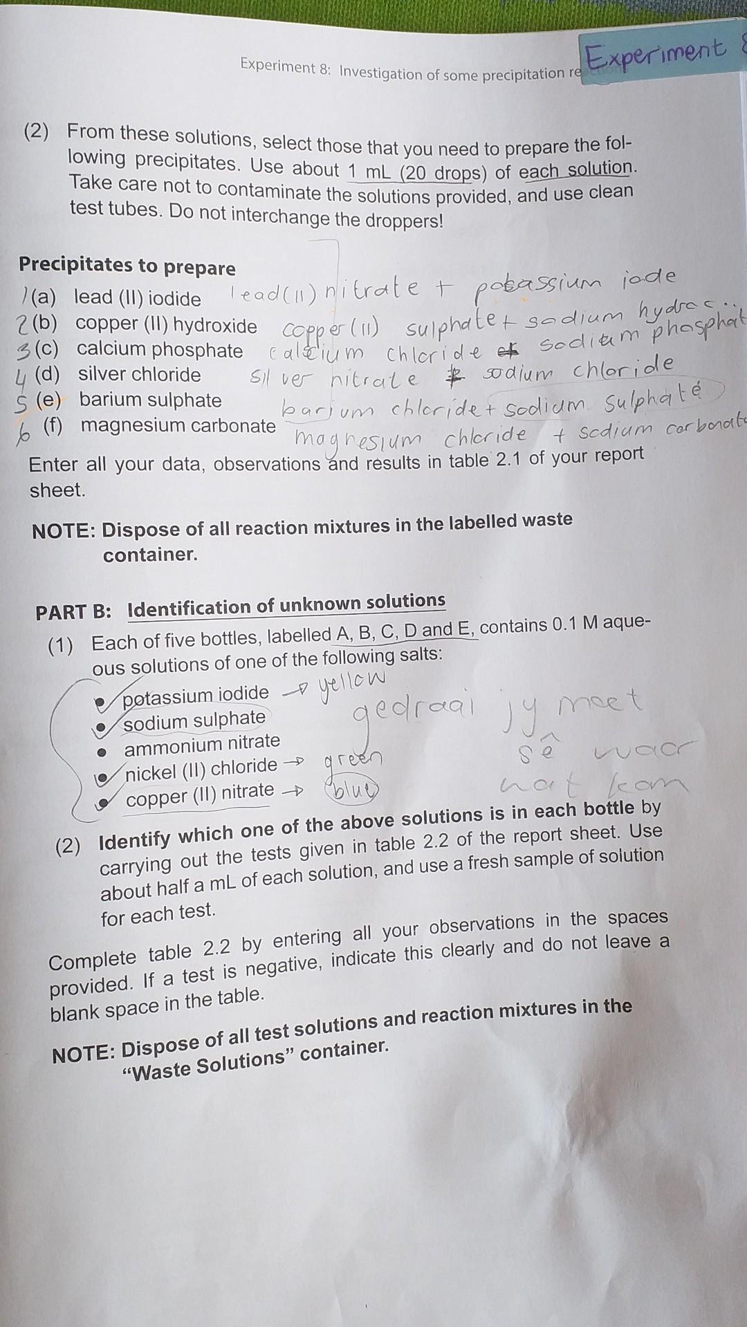 Solved Investigation of some precipitation reactions | Chegg.com