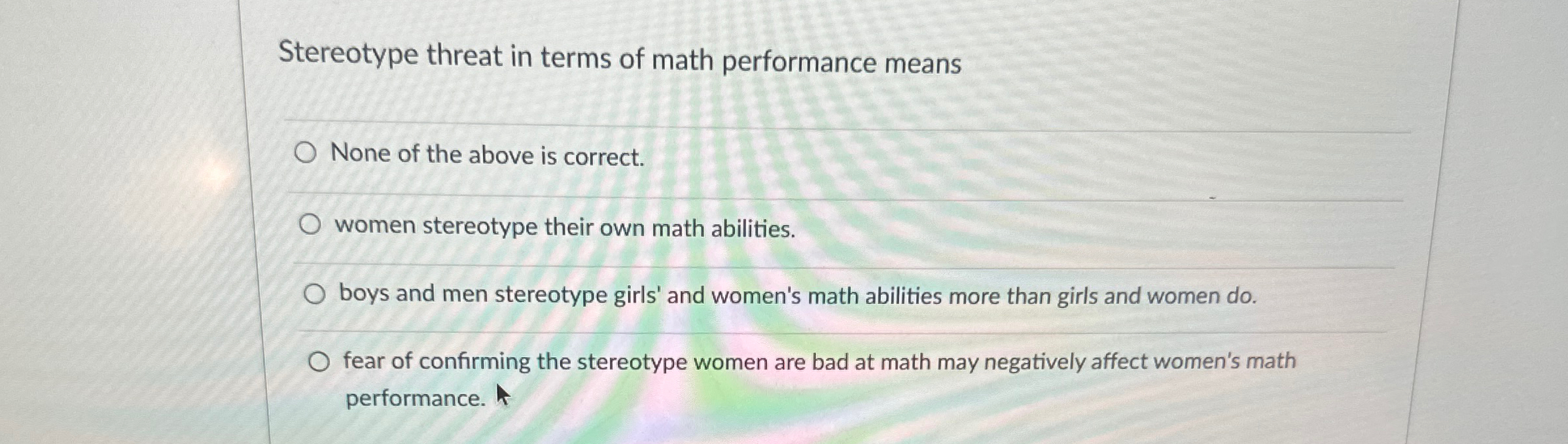 Solved Stereotype threat in terms of math performance | Chegg.com