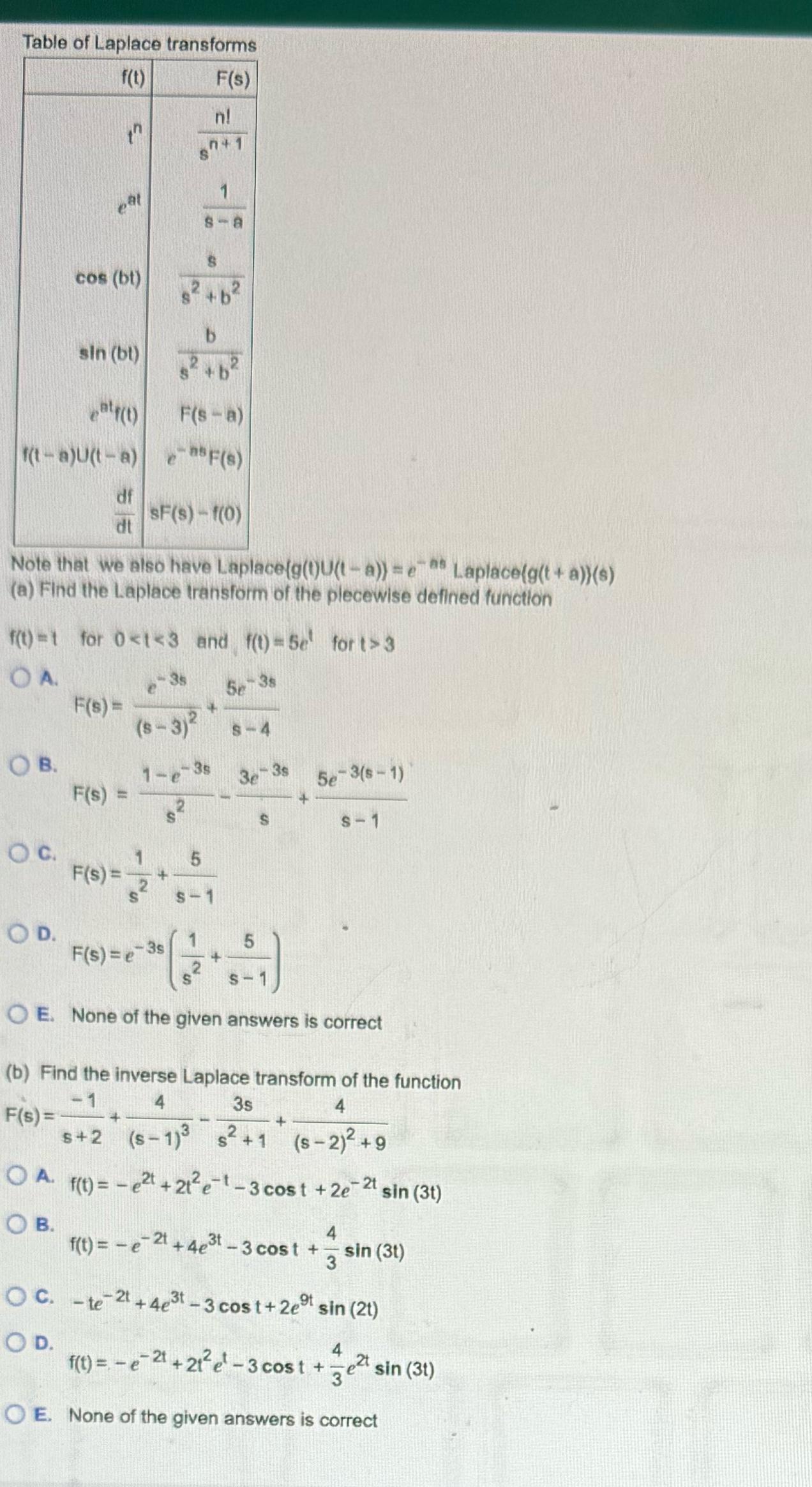 Solved Table of Laplace transforms\table[[f(t),F(s) | Chegg.com