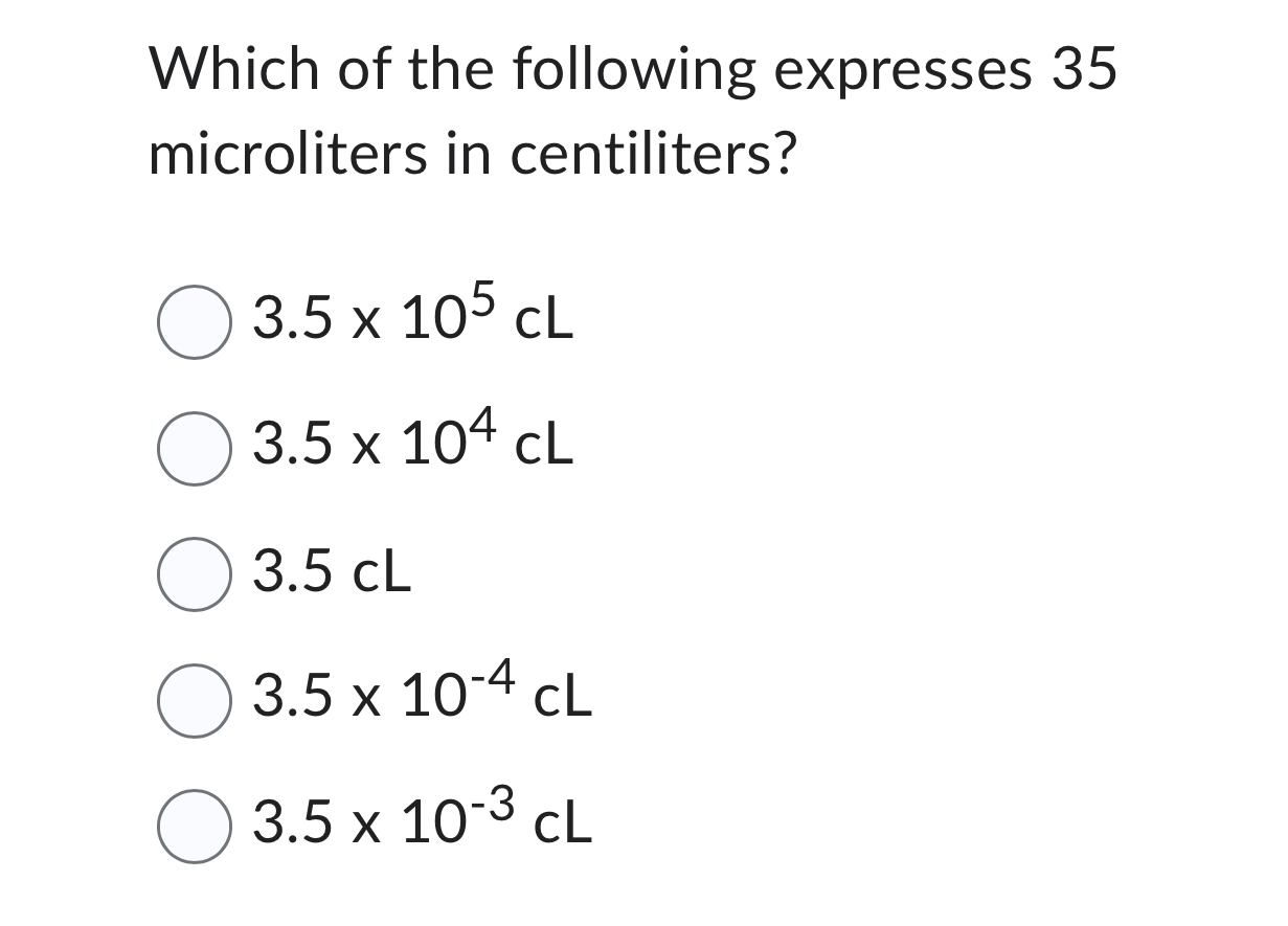 Solved Which of the following expresses 35 ﻿microliters in | Chegg.com
