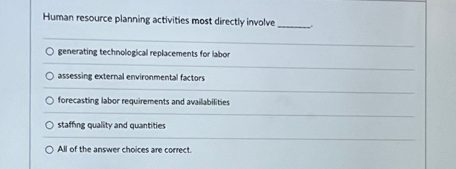 Solved Human resource planning activities most directly | Chegg.com