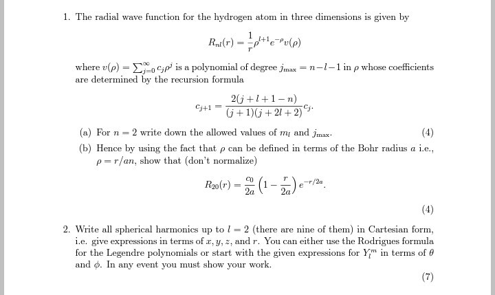 Solved 1. The radial wave function for the hydrogen atom in | Chegg.com