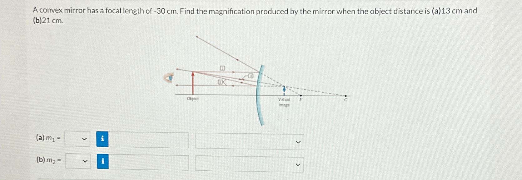 Solved A convex mirror has a focal length of -30cm. ﻿Find | Chegg.com