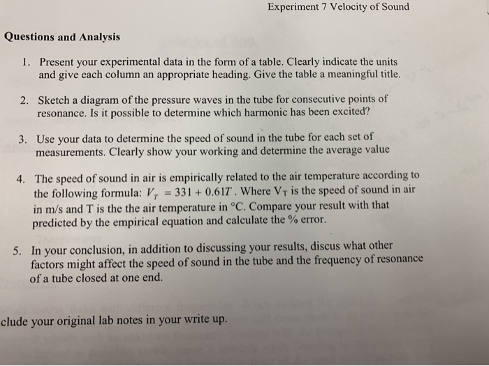 Experiment 7 Velocity of Sound Questions and Analysis | Chegg.com