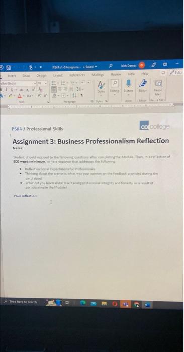 Assignment 3: Business Professionalism Reflection | Chegg.com