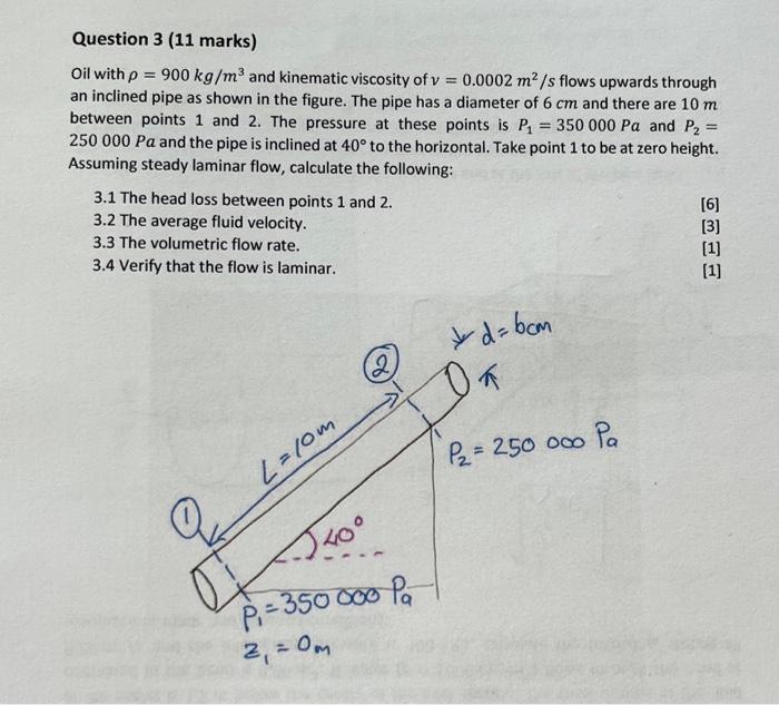 Solved Question 3 (11 marks) Oil with ρ=900 kg/m3 and | Chegg.com