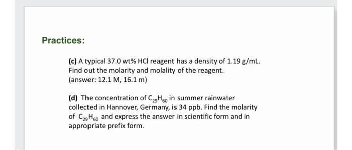Solved (c) A typical 37.0wt%HCl reagent has a density of | Chegg.com