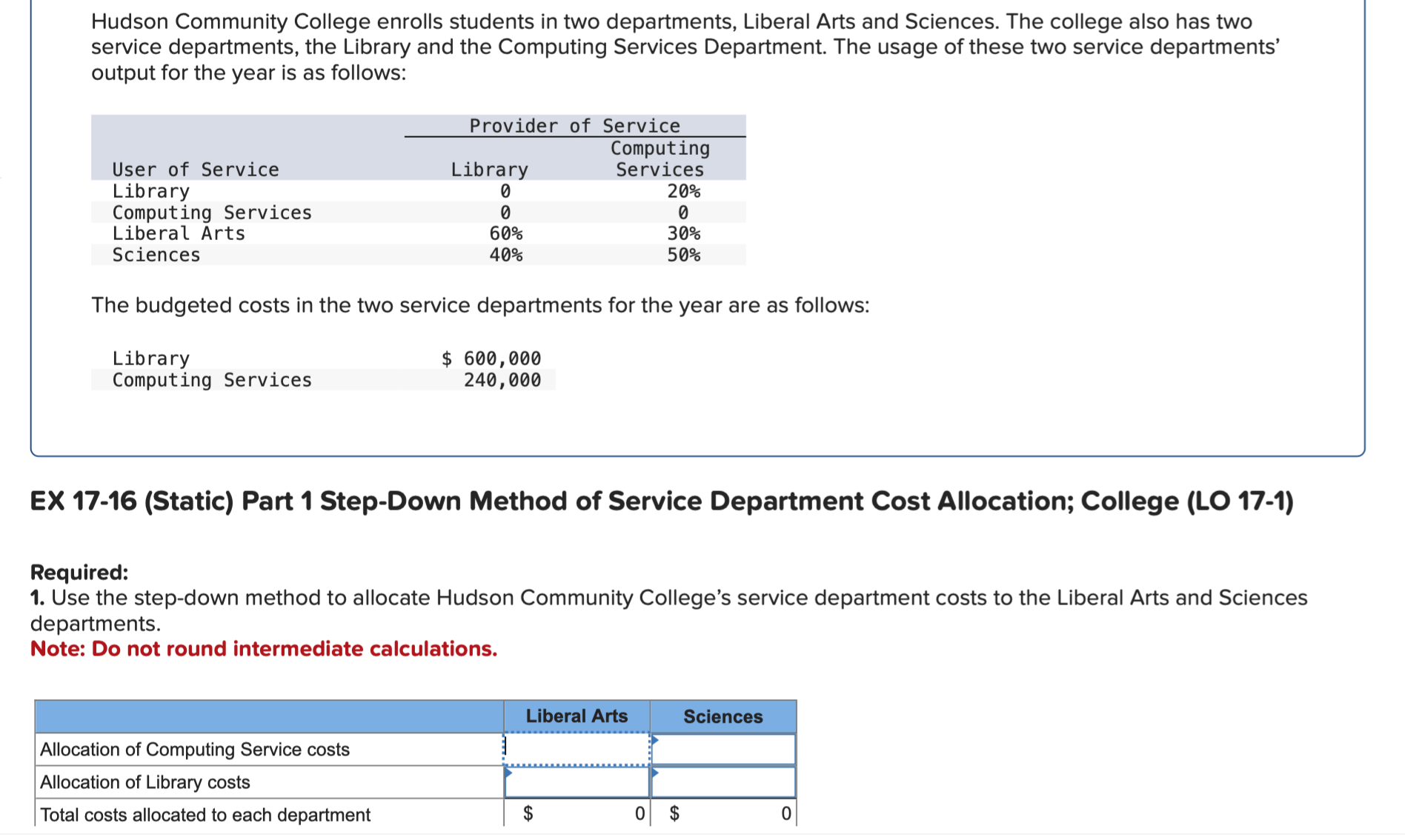 Solved EX 17-16 (Static) ﻿Part 1 ﻿Step-Down Method of | Chegg.com