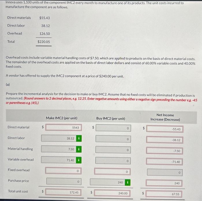 Innova uses 1,100 units of the component IMC2 every | Chegg.com