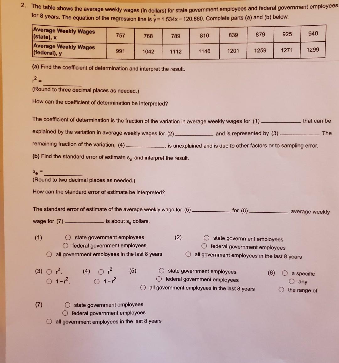 Solved 2. The table shows the average weekly wages (in | Chegg.com