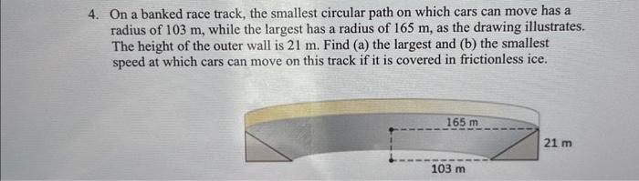 Solved 4. On a banked race track, the smallest circular path | Chegg.com