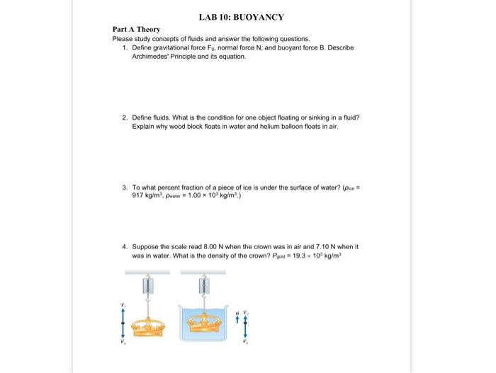 Solved LAB 10: BUOYANCY Part A Theory Please study concepts | Chegg.com