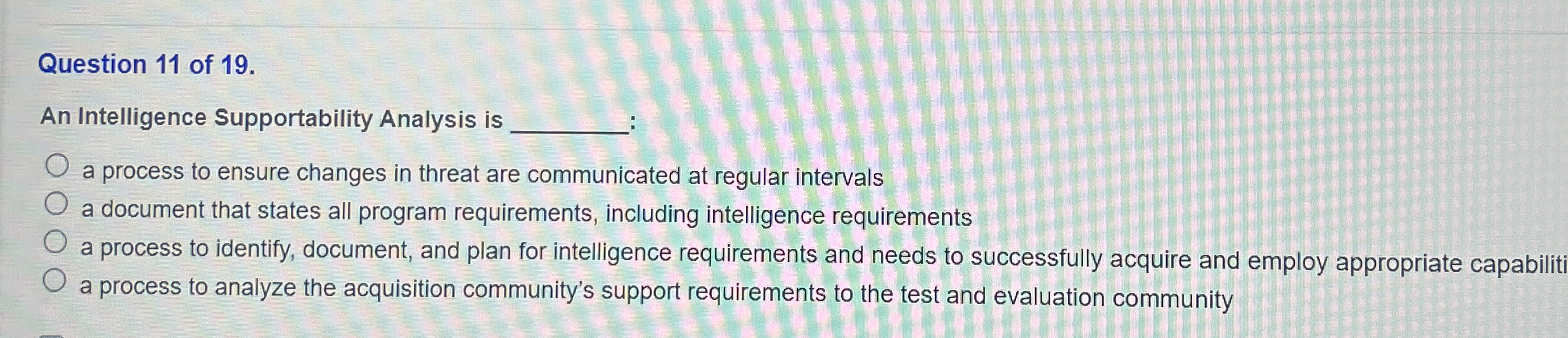 Solved Question 11 ﻿of 19.An Intelligence Supportability | Chegg.com
