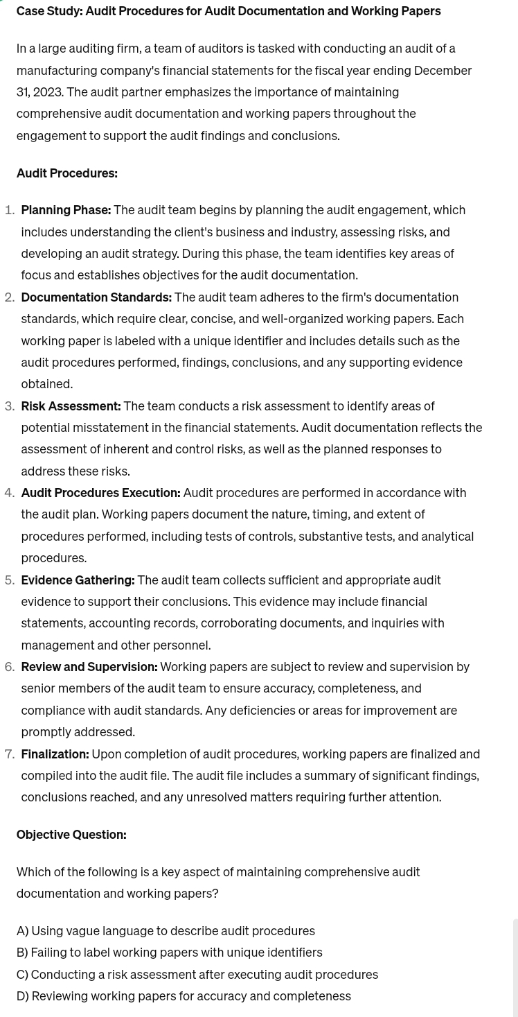 Solved Case Study: Audit Procedures for Audit Documentation | Chegg.com