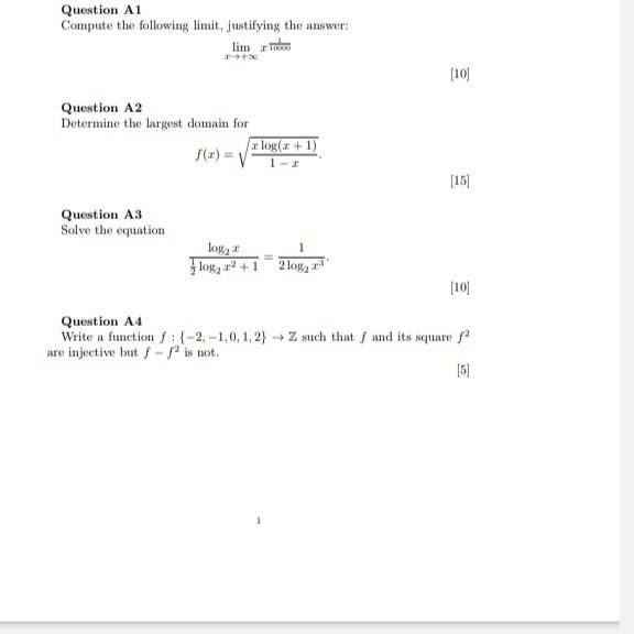 Solved Question A1 Compute the following limit, justifying | Chegg.com