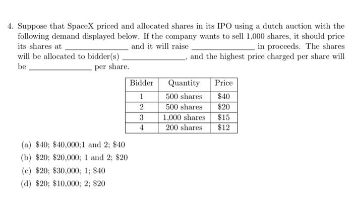 Solved 4. Suppose that SpaceX priced and allocated shares in | Chegg.com