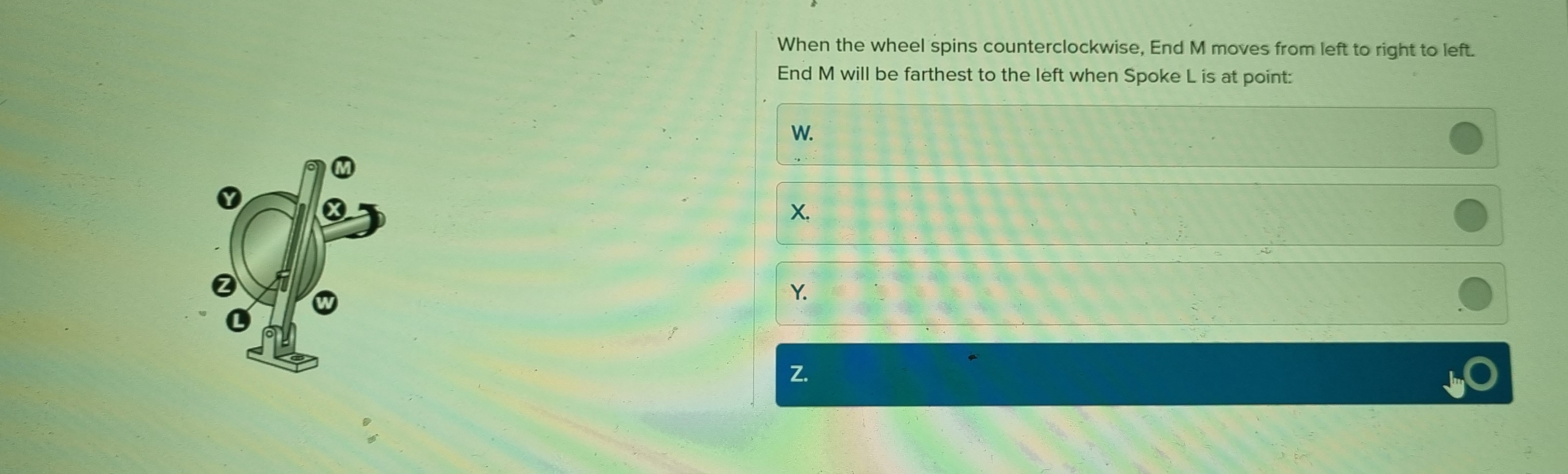 Solved When the wheel spins counterclockwise, End M moves | Chegg.com