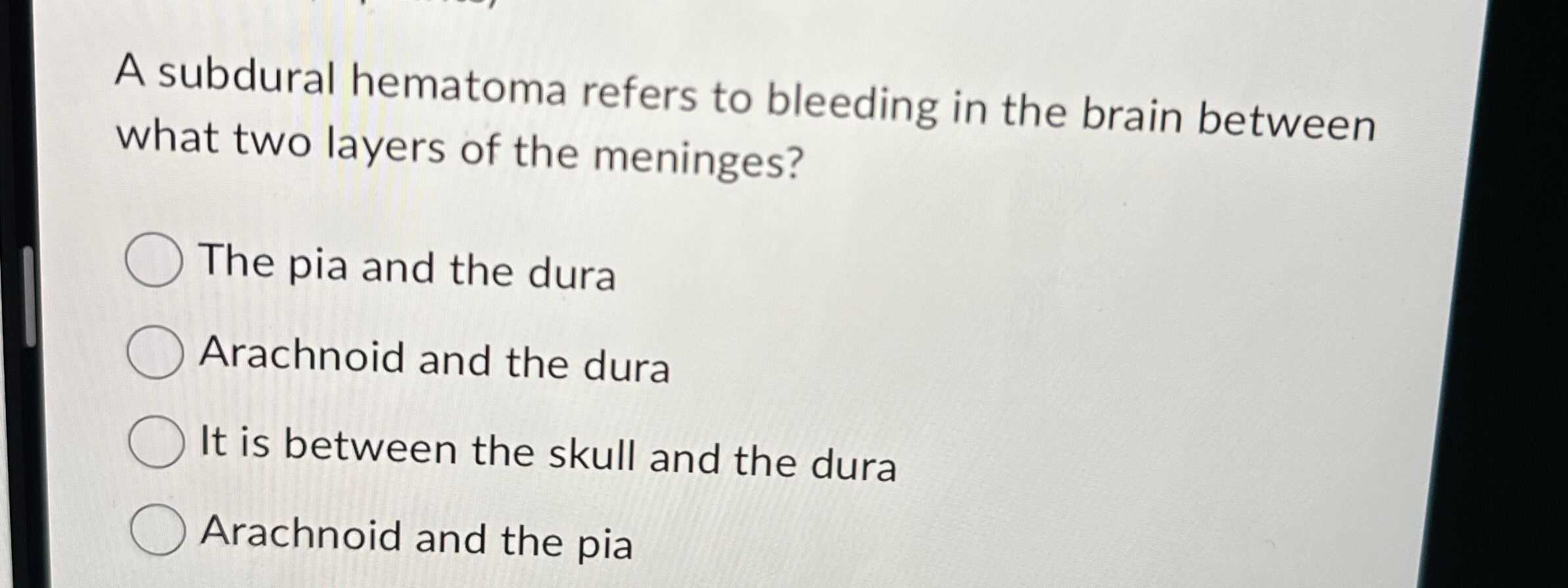 Solved A subdural hematoma refers to bleeding in the brain | Chegg.com