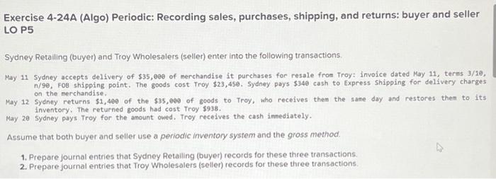 Solved Exercise 4-24A (Algo) Periodic: Recording sales, | Chegg.com
