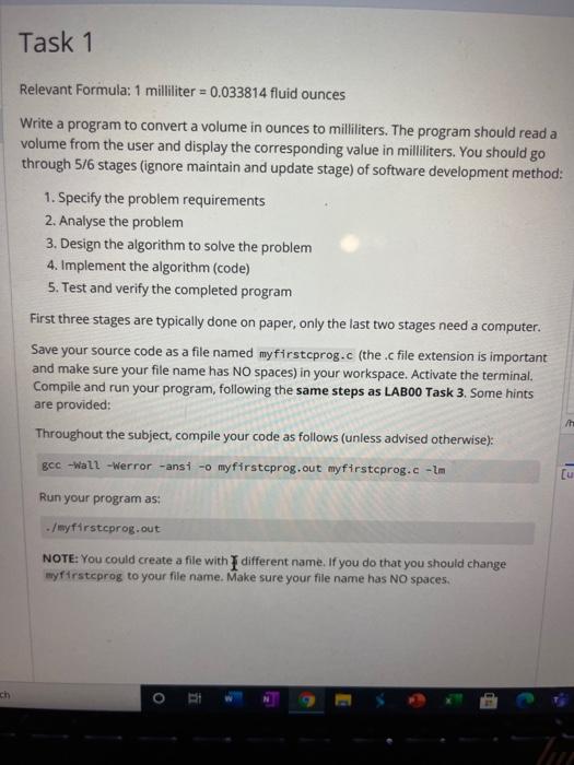 Solved Task 1 Relevant Formula: 1 milliliter = 0.033814 | Chegg.com