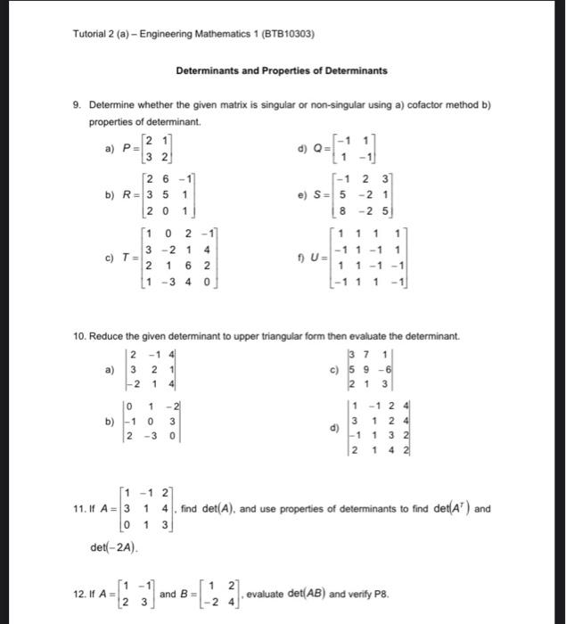 Solved Determinants and Properties of Determinants 9. | Chegg.com