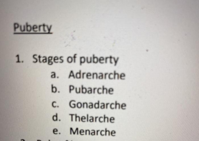Solved Puberty 1. Stages of puberty a. Adrenarche b. | Chegg.com