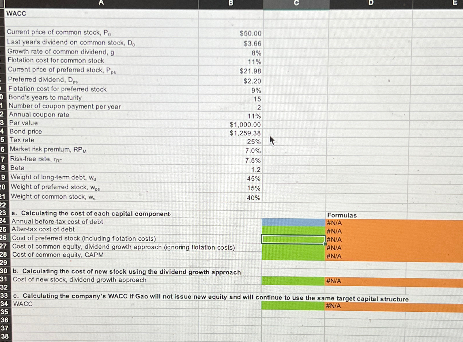 Solved Excel Activity: WACCStart with the partial model in | Chegg.com
