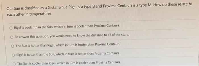 Solved Our Sun is classified as a G star while Rigel is a | Chegg.com