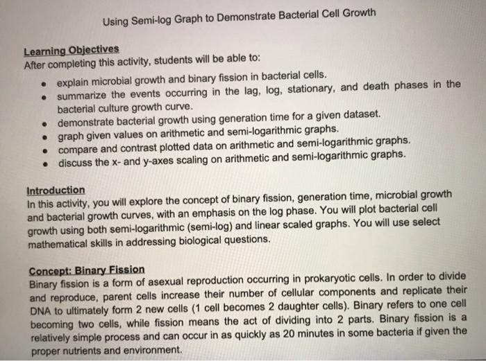 Solved Using Semi-log Graph to Demonstrate Bacterial Cell | Chegg.com