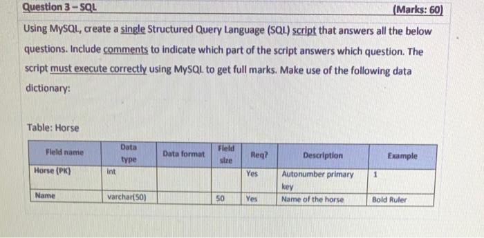 Solved Question 3 - SQL (Marks: 60) Using MySQL, create a | Chegg.com