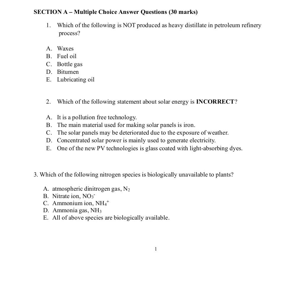 Solved SECTION A - Multiple Choice Answer Questions (30 | Chegg.com