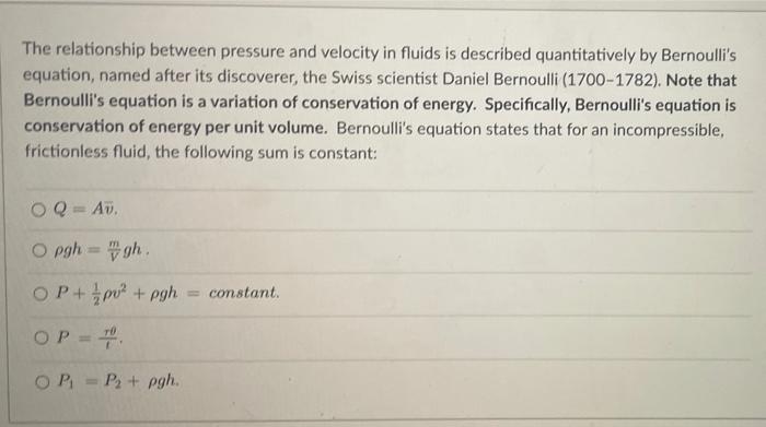 Solved The relationship between pressure and velocity in | Chegg.com