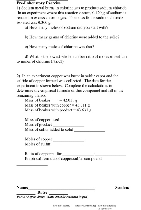 Solved Pre-Laboratory Exercise 1) Sodium metal burns in | Chegg.com