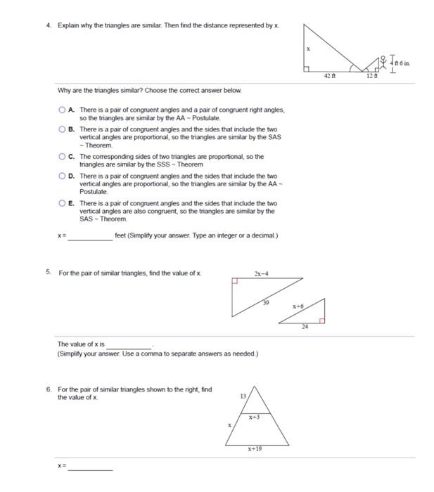 Solved 4. Explain why the triangles are similar. Then find | Chegg.com